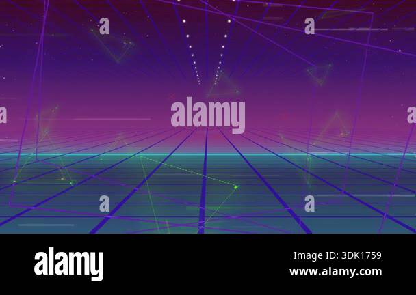 Timeline advancing neon grid plane pulsing in digital grid with ...