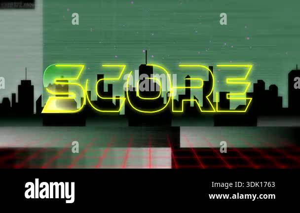 Animating neon SCORE over red grid, with red green diamond outlines ...