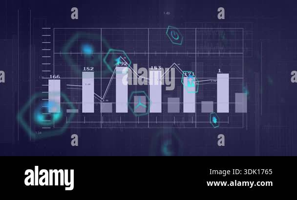 At start bars sliding while line chart rising and hex icons pulsing ...