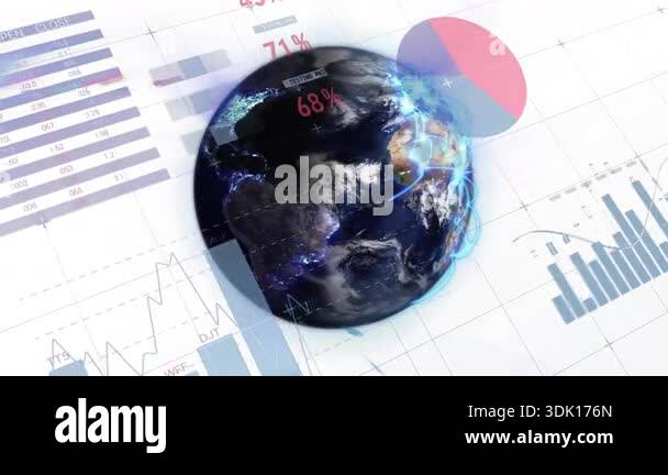 3D globe appearing and rotating, charts emerging and arcs intensifying ...