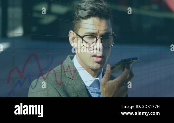 Man lifting smartphone and calling outside office, monitoring animated ...