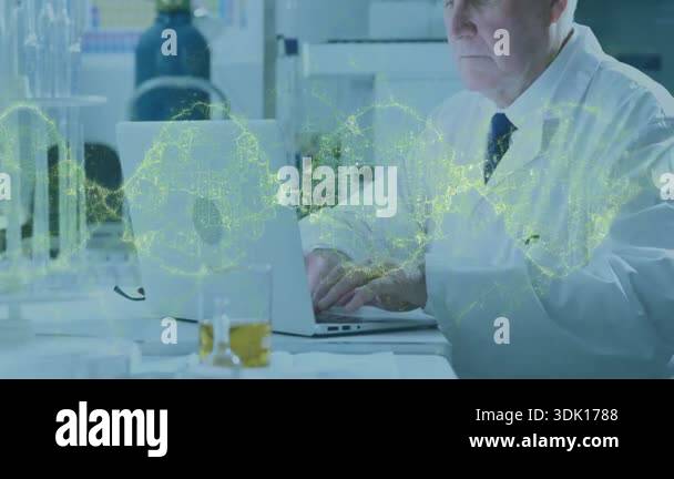 Senior scientist typing on laptop near test tubes initiating 3D model ...