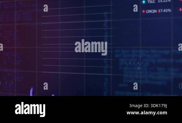 Dark blue grid forming, binary digits appearing charts pulsing and code ...