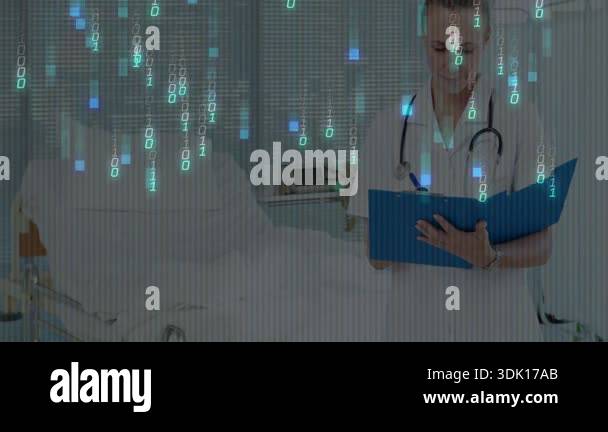 Physician entering hospital opening blue file binary digits streaming ...