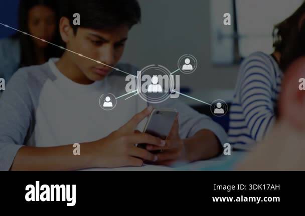 Teenage boy tapping smartphone and initiating user-icon network ...