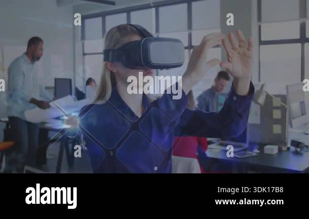 Woman stepping with VR headset in tech raising hands initiating ...