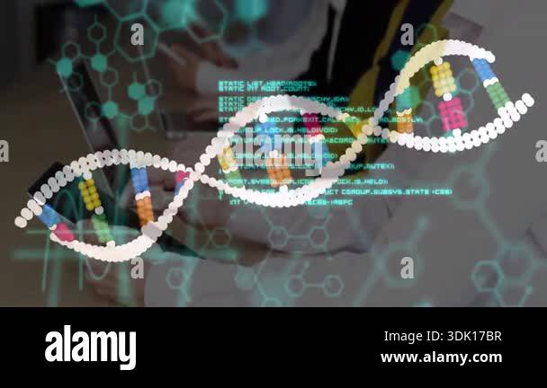 Female coder typing triggers animated code overlays and rotating DNA ...