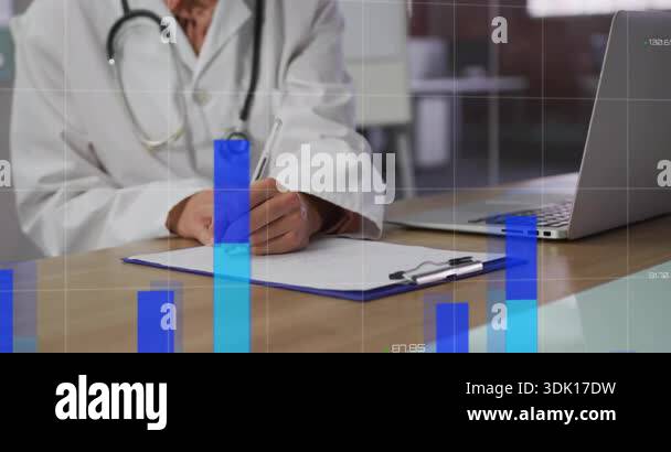 Doctor writing notes and tapping laptop, generating bar graphs, line ...