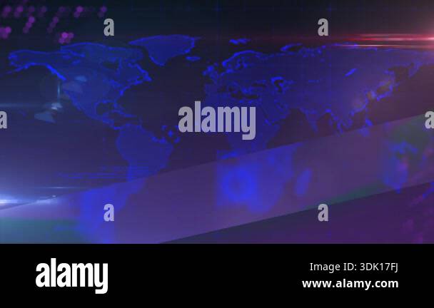 Fading in glowing blue world map on purple backdrop, with gliding bar ...