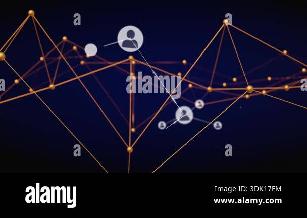 Opening gold mesh launching white avatar icons connecting pulsing lines ...