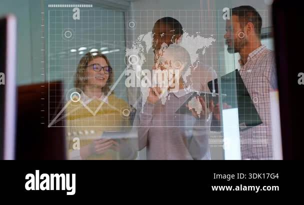 Team using transparent display as map overlay emerging and graph nodes ...