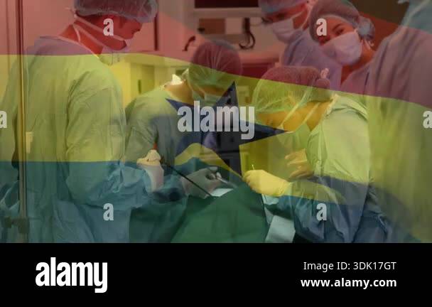 Surgical team confirming incision site and making blade cut with ...