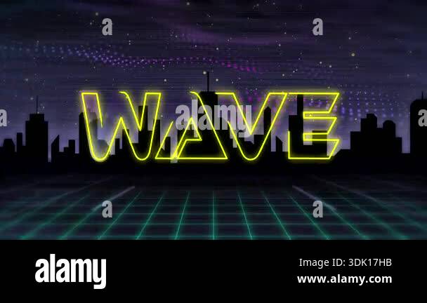 Flickering neon outlines drawing purple-filled WAVE letters in digital ...