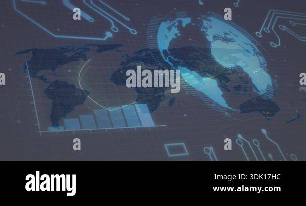 Grid emerging, flat world map and 3D globe rotating, tracing arcs ...