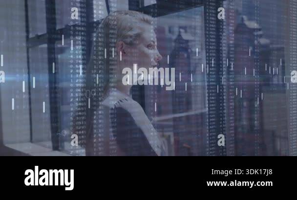 Market data fading in over office window glass, female analyst raising ...