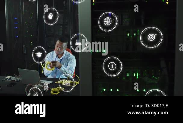 Technician handling and testing cable while AR icons orbiting racks ...