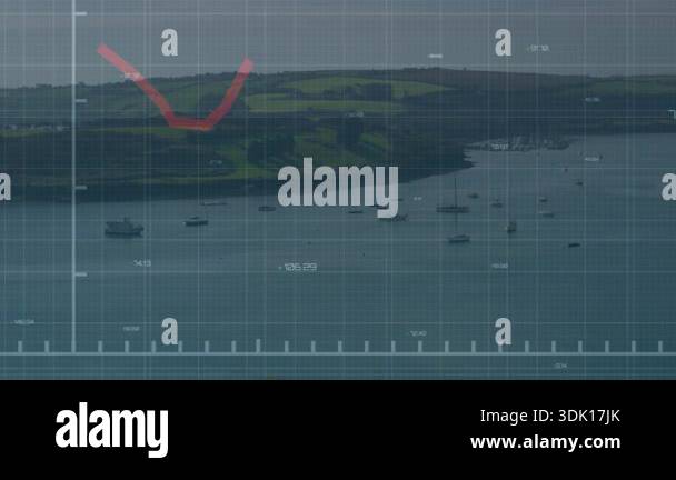 Grid fading in revealing red chart line descending then oscillating ...