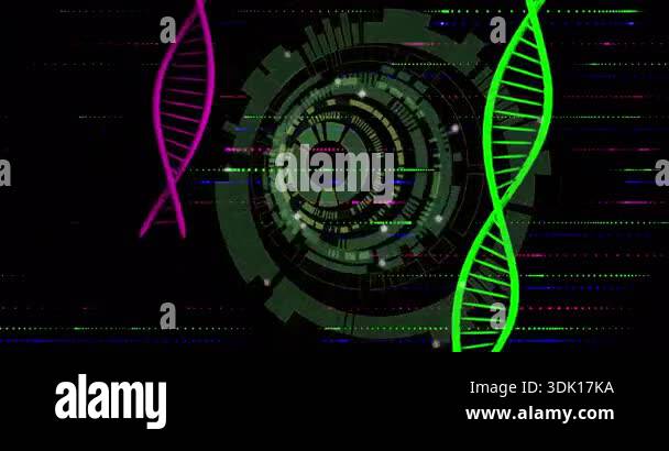Light flickering interface rotating helices swaying rings receding then ...