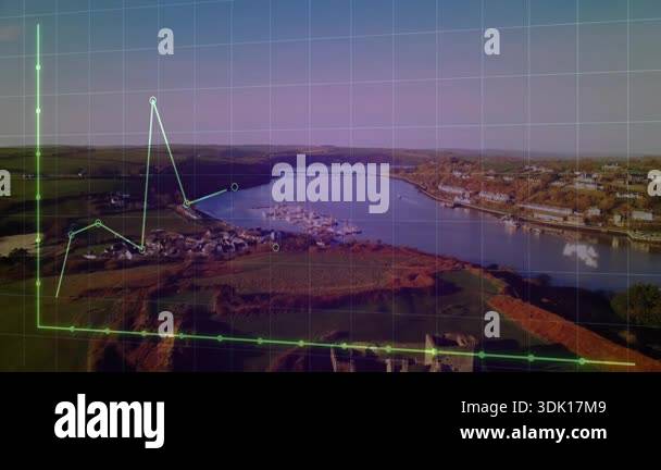 Animated green line-chart opening over coastal view with grid, plotting ...