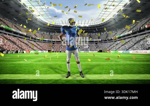Football player reacting to confetti fall by lifting arm, sweeping ...
