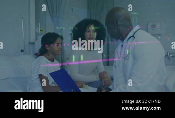 Physician presenting chart with live vital signs overlay after mother ...
