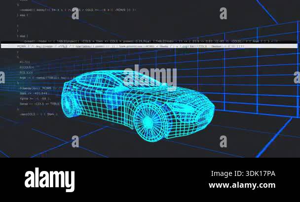 Glowing cyan wireframe sedan animating with scrolling code causing ...