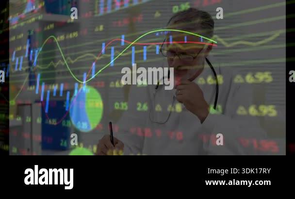 Physician writing notes while analyzing transparent financial charts ...