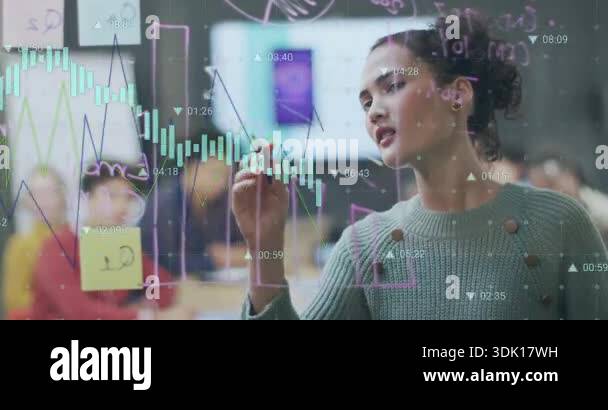 Presenter picking marker and drawing charts on transparent glass for ...