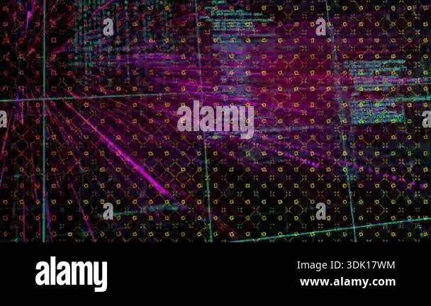 Magenta beams radiating left initiating grid tilting, squares morphing ...