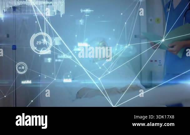 Nurse entering ward and reviewing patient chart while holographic vital ...