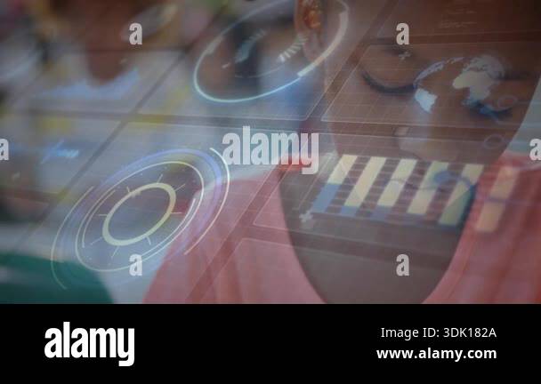 Child girl writing at desk and activating classroom overlays while boy ...
