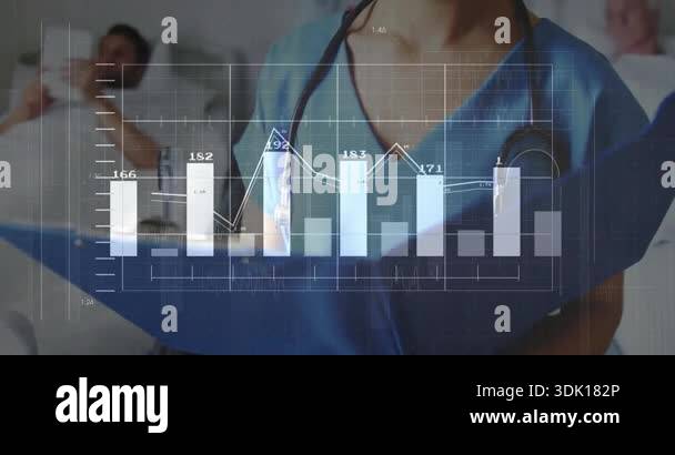 Nurse tapping tablet beside bed viewing animated medical charts guiding ...