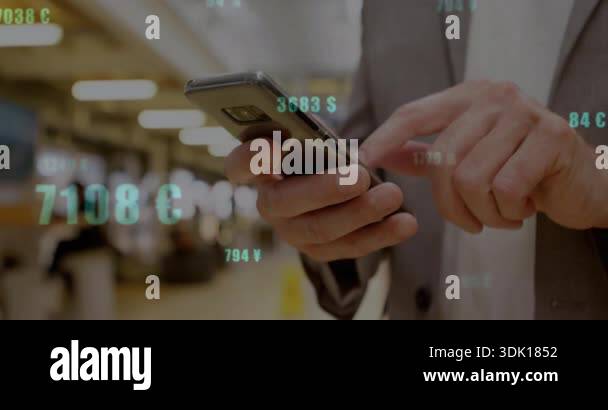 Businessman tapping smartphone and updating floating currency symbols ...