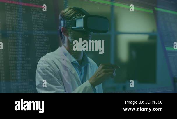 Research scientist donning VR headset, activating code panels ...