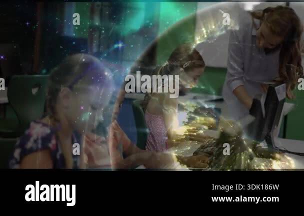 Cosmic overlay swirling over computer lab revealing teacher guiding ...