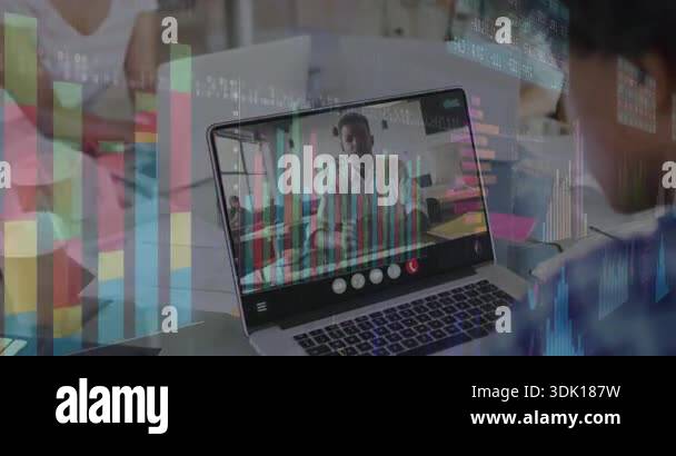 Colleagues observing laptop displaying remote finance pulsing charts ...