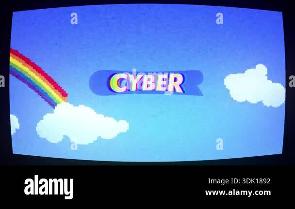 Appearing 3D-styled CYBER text pulsing in pixelated sky on monitor with ...