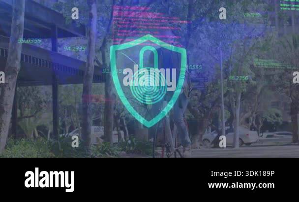 Animated digital shield fading over path scanning security code while ...