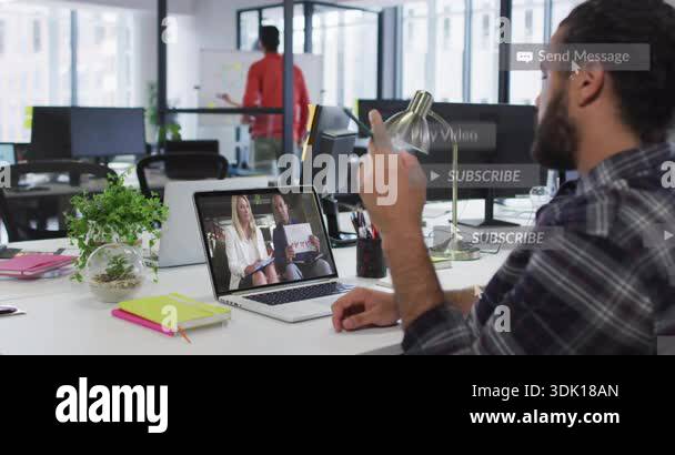 Office worker waving during business call and causing animated ...