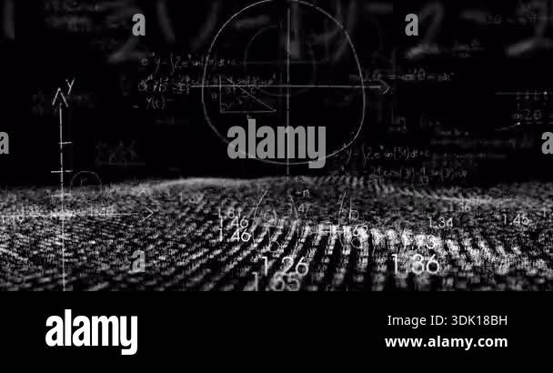 3D numeric plane emerging from void, undulating as math formulas ...