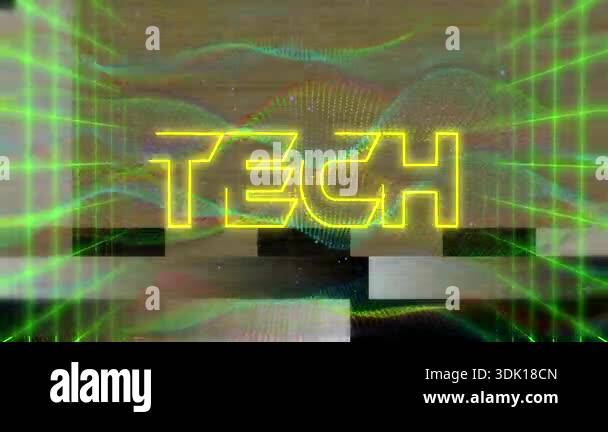 Flickering glitch fragments forming neon yellow-purple TECH logo in ...