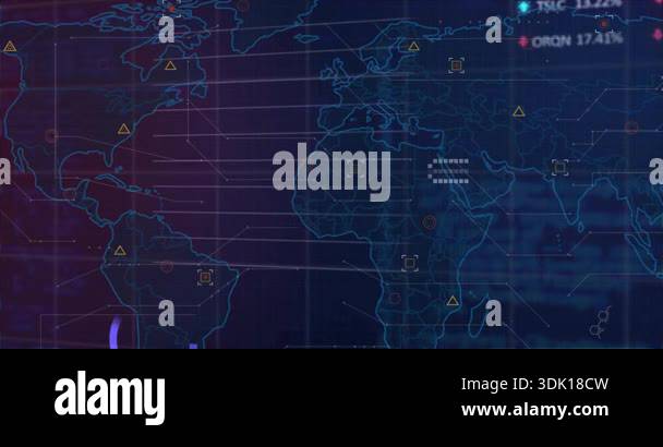 Neon-blue outline drawing zooming out icons linking and tickers sliding ...