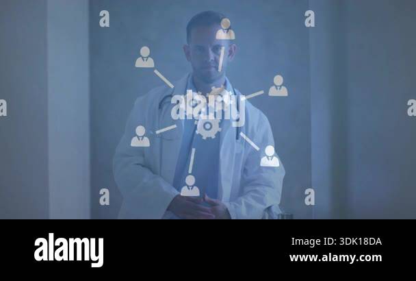 Doctor standing while gear icons appearing and forming rotating health ...