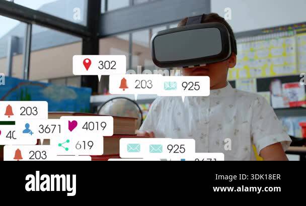 Boy pressing VR headset in art classroom generating social media ...