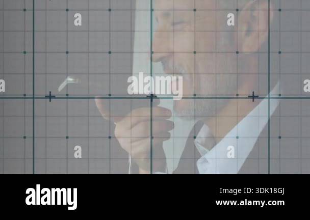 Businessman raising smartphone and delivering business update with grid ...