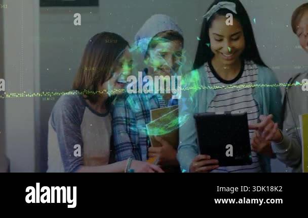 Classmates holding notebooks spotting globe flickering and joining ...