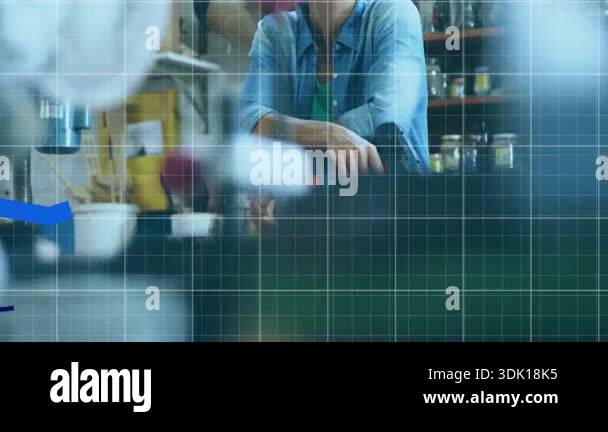 Engineer leaning on drill at workbench, grid emerging and visualizing ...