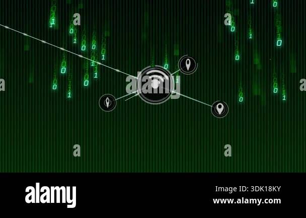 Central node sending lines across code backdrop, spawning pin icons ...