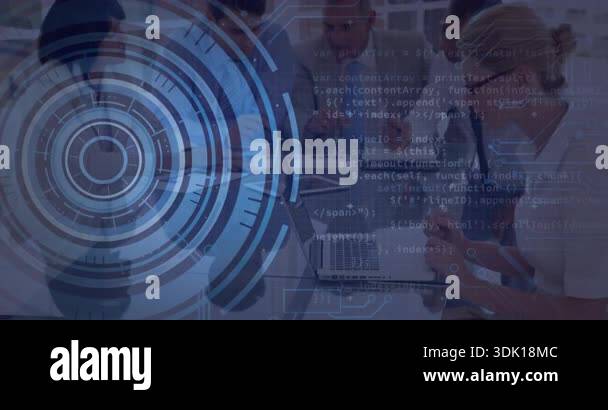 Team analyzing code while blue HUD graphic animating left initiating JS ...