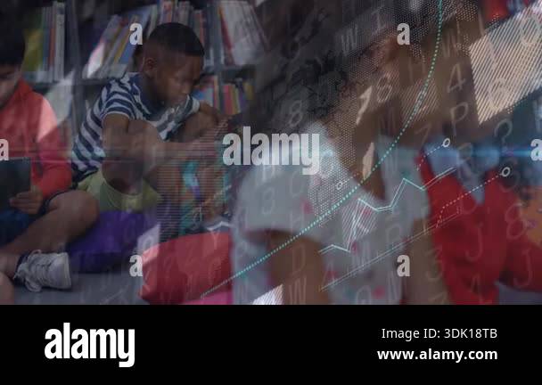 Classmates launching learning apps and swiping tablets in library while ...